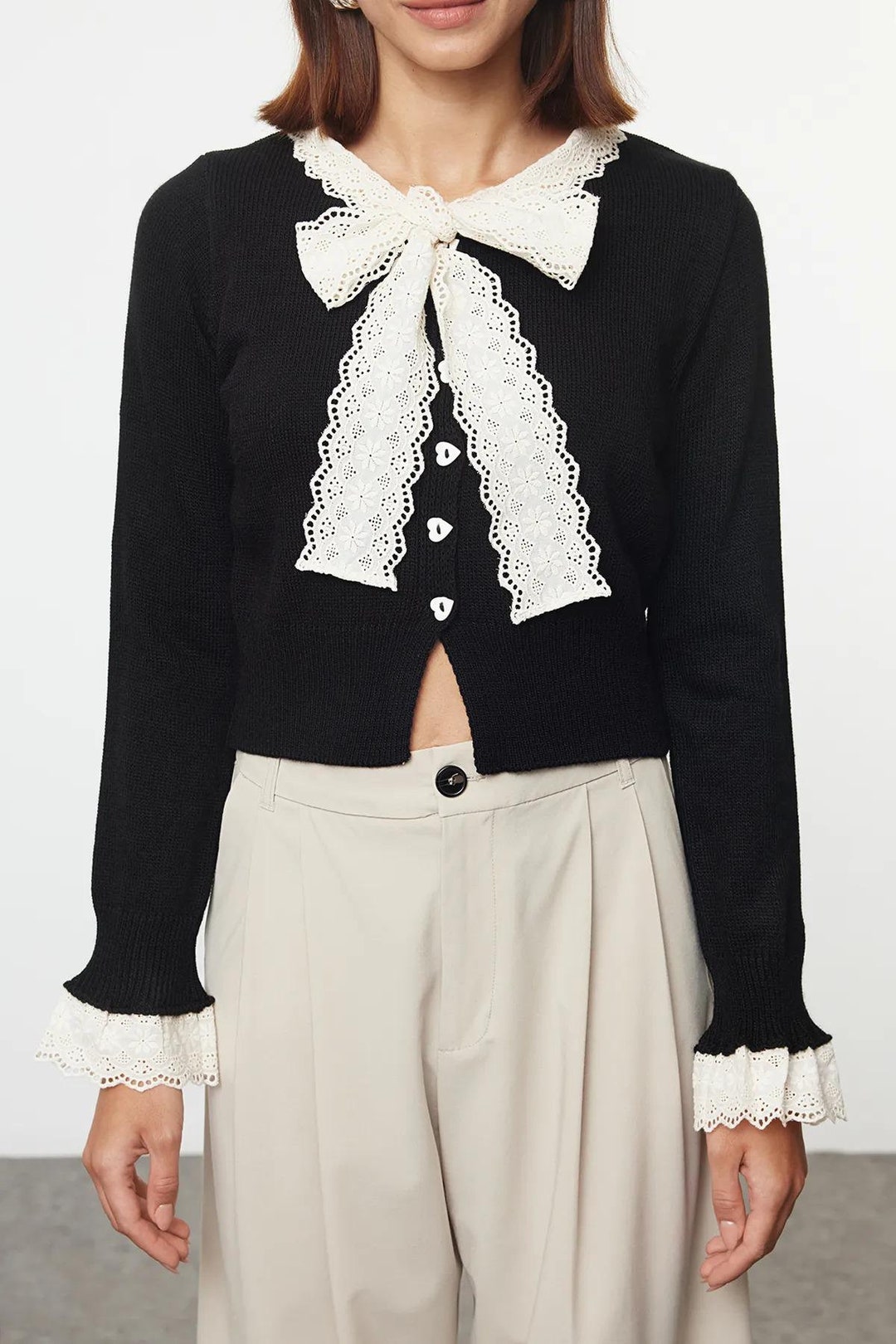 Victorian Style Cardigan Black Lace Bow Cropped Sweater Cottagecore ...