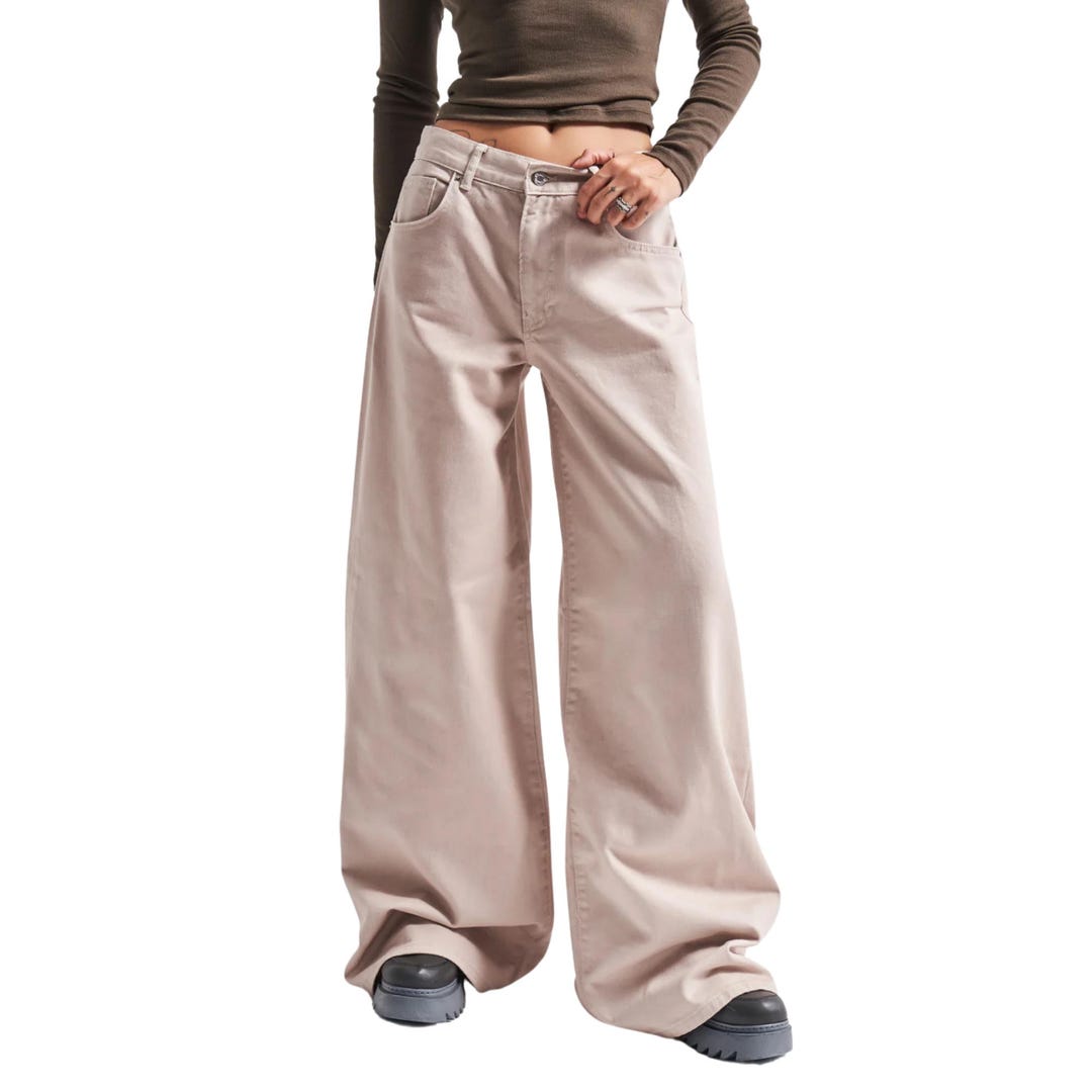 Womens Wide Leg Jeans Beige High Waisted Palazzo Pants Y2K Fashion ...