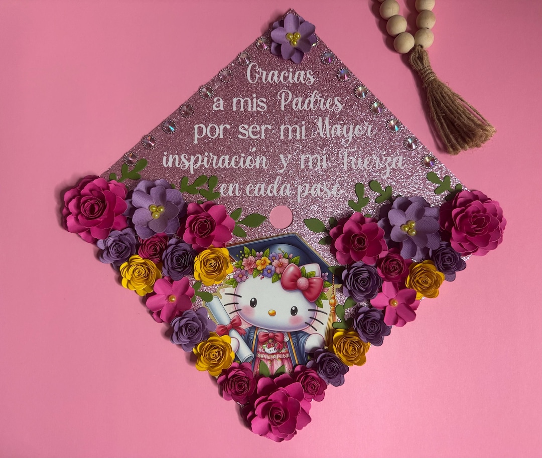 Graduation Cap Topper - Hello Kitty Theme Grad Cap - Handrolled Flowers ...