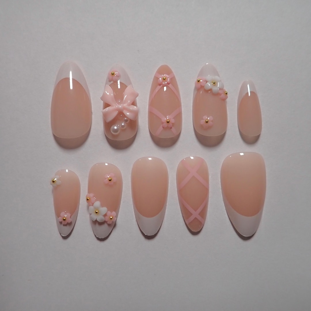 Pink Bow and Flower Press on Nails, French Tip Almond Nails, Design Art ...