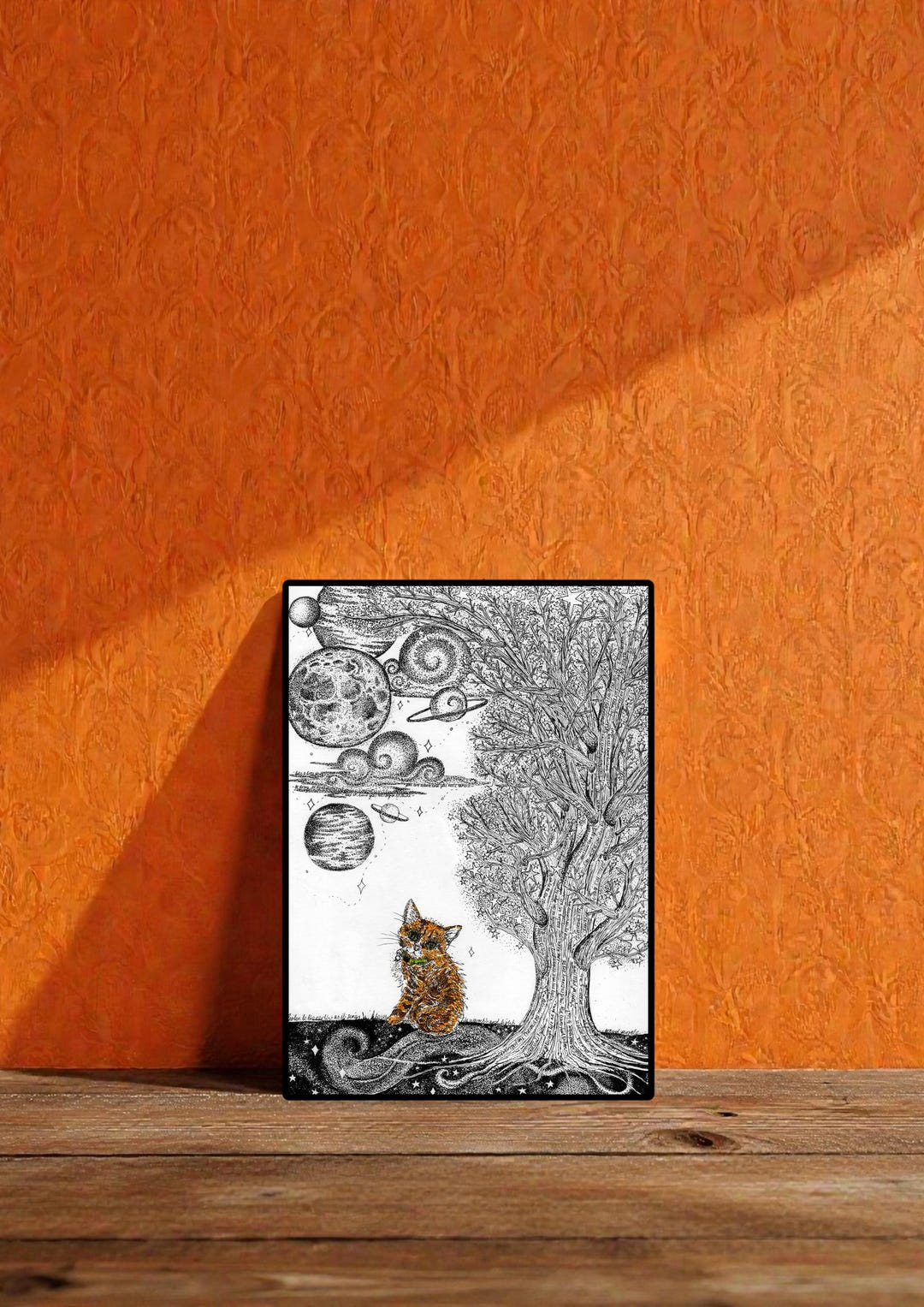 Ginger Orange Cat Art Print: Pointillism Pen Drawing, Black & White ...