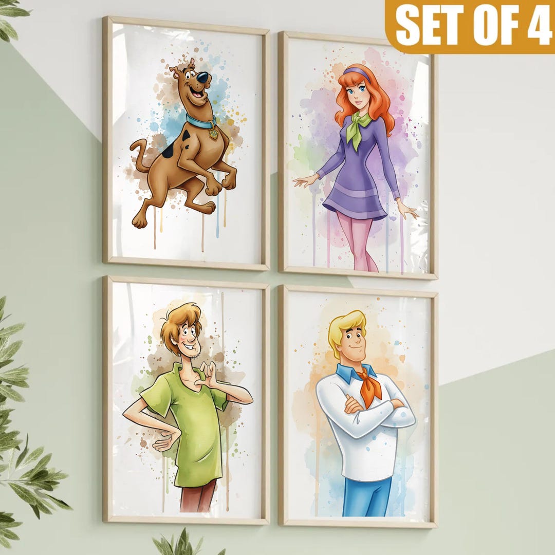 Cartoon Mystery Friends Watercolor Prints: Retro Kids Room Decor (set ...