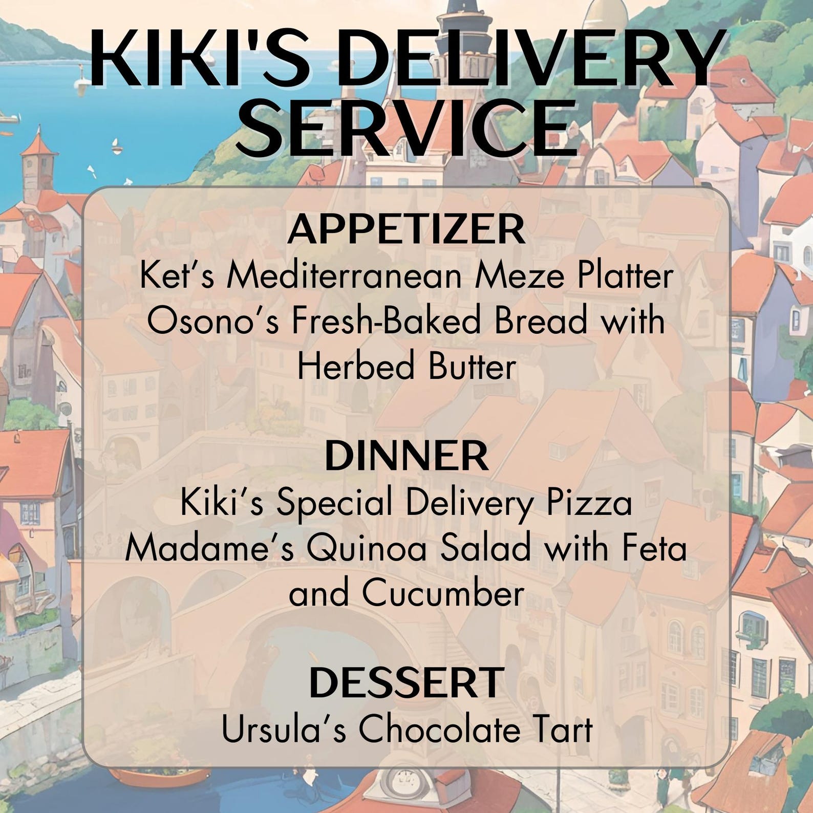 Kiki's Delivery Service Themed Dinner & Cocktail Menus (includes ...