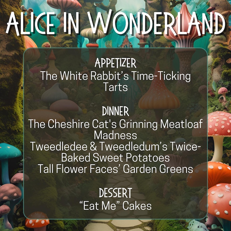 Alice In Wonderland Dinner Drink Editable Menus Themed Meal Kit Etsy