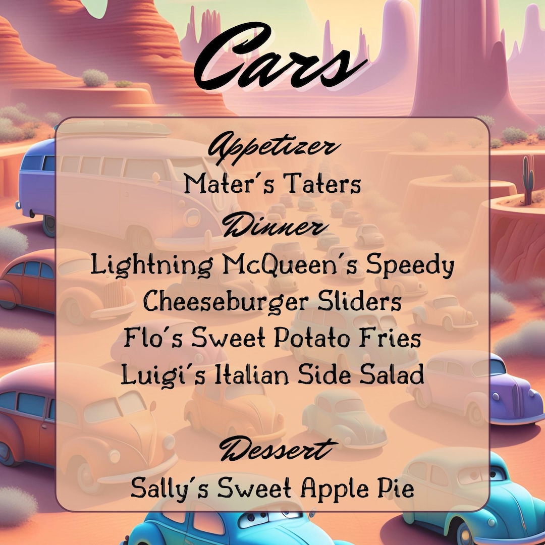 Cars Themed Dinner and Drink Menus, Grocery List (digital Download ...
