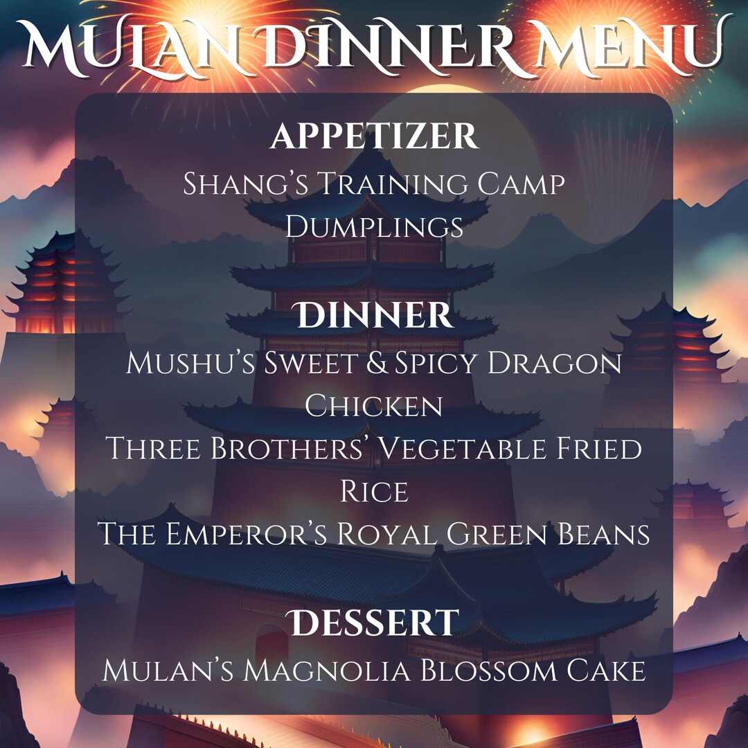 Mulan THEMED Dinner and Cocktail Menus (includes Grocery List, Cooking ...