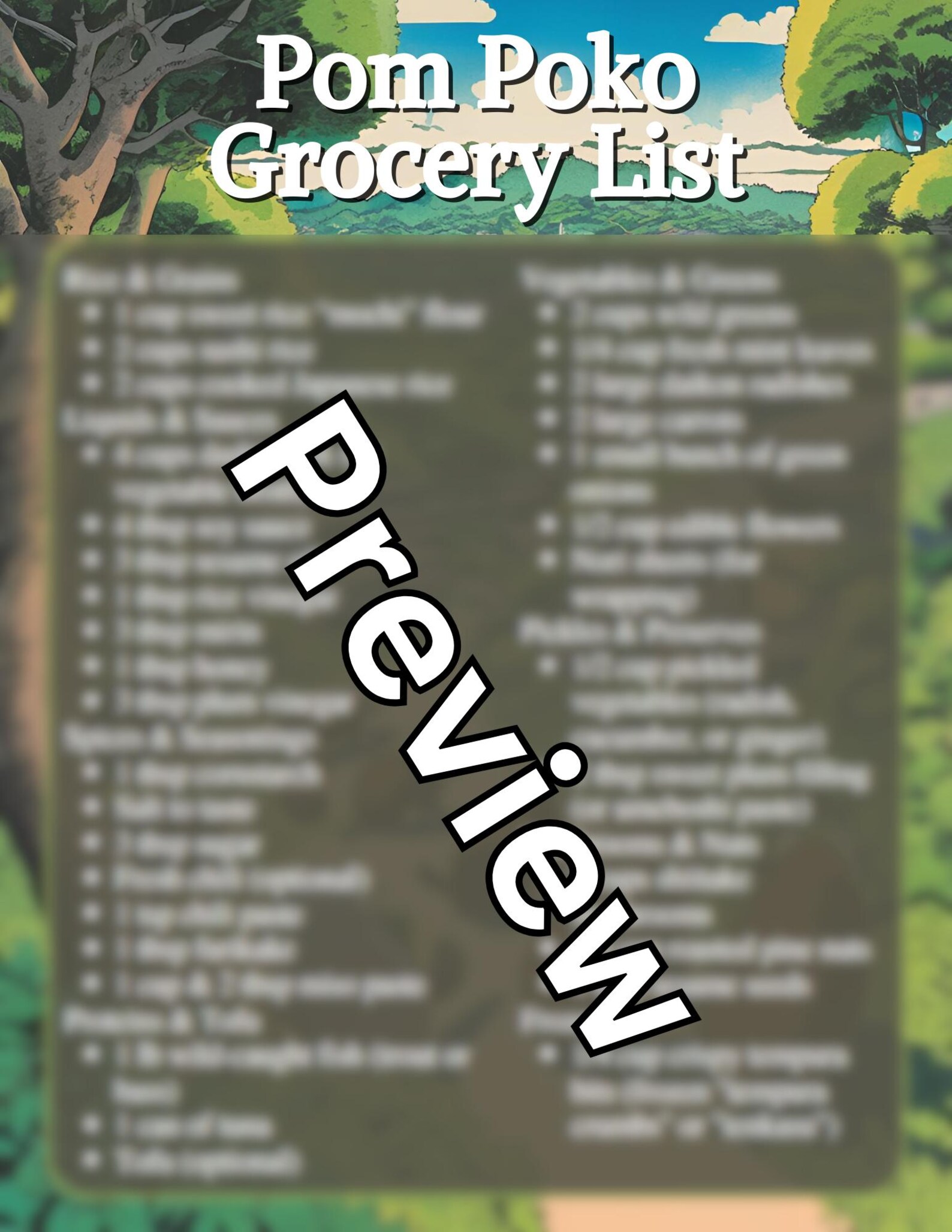 Pom Poko THEMED Dinner and Cocktail Menus (includes Grocery List ...