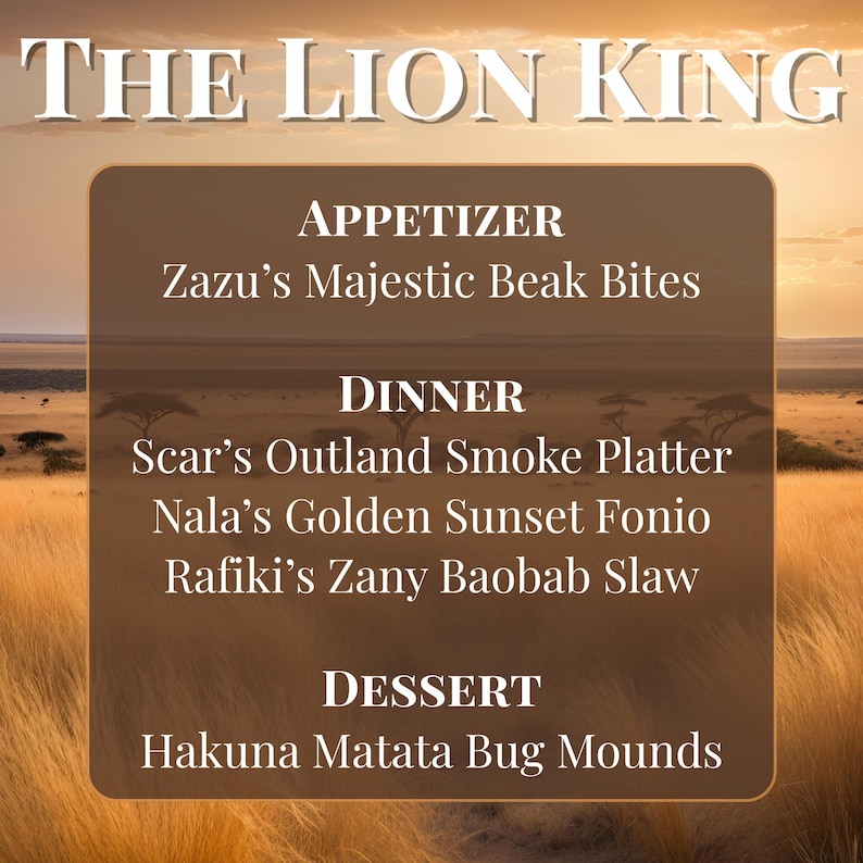The Lion King (2019) THEMED Dinner and Cocktail Menus (includes Grocery ...