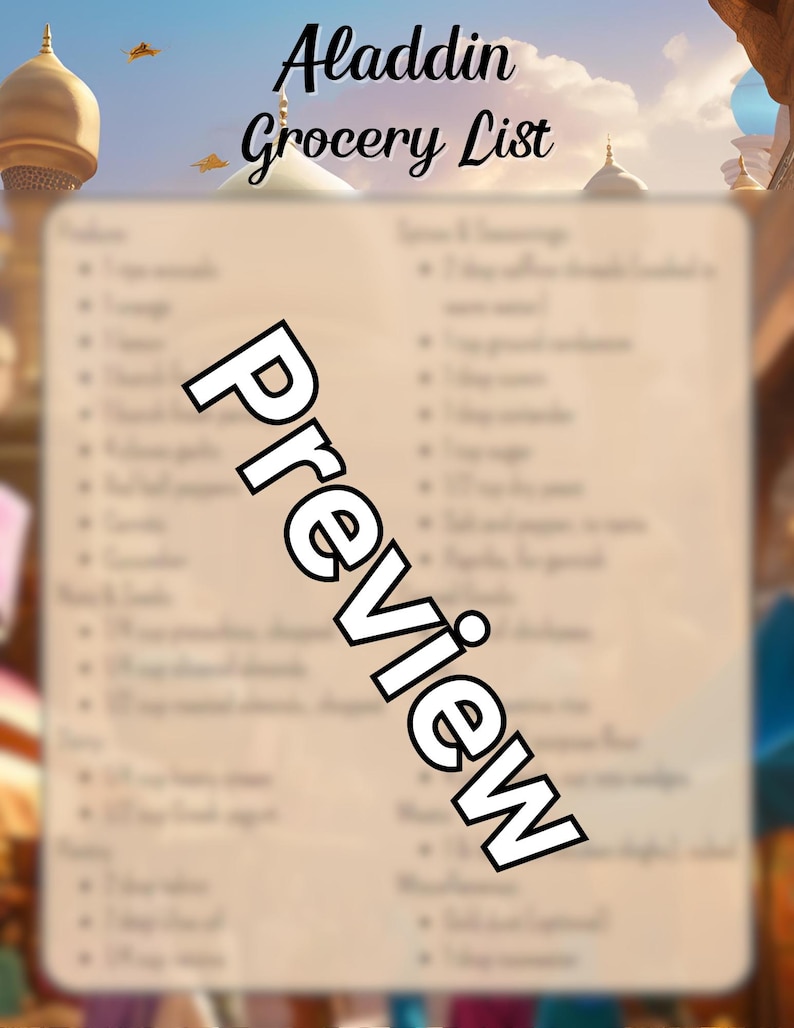 Aladdin THEMED Dinner and Cocktail Menus (includes Grocery List ...