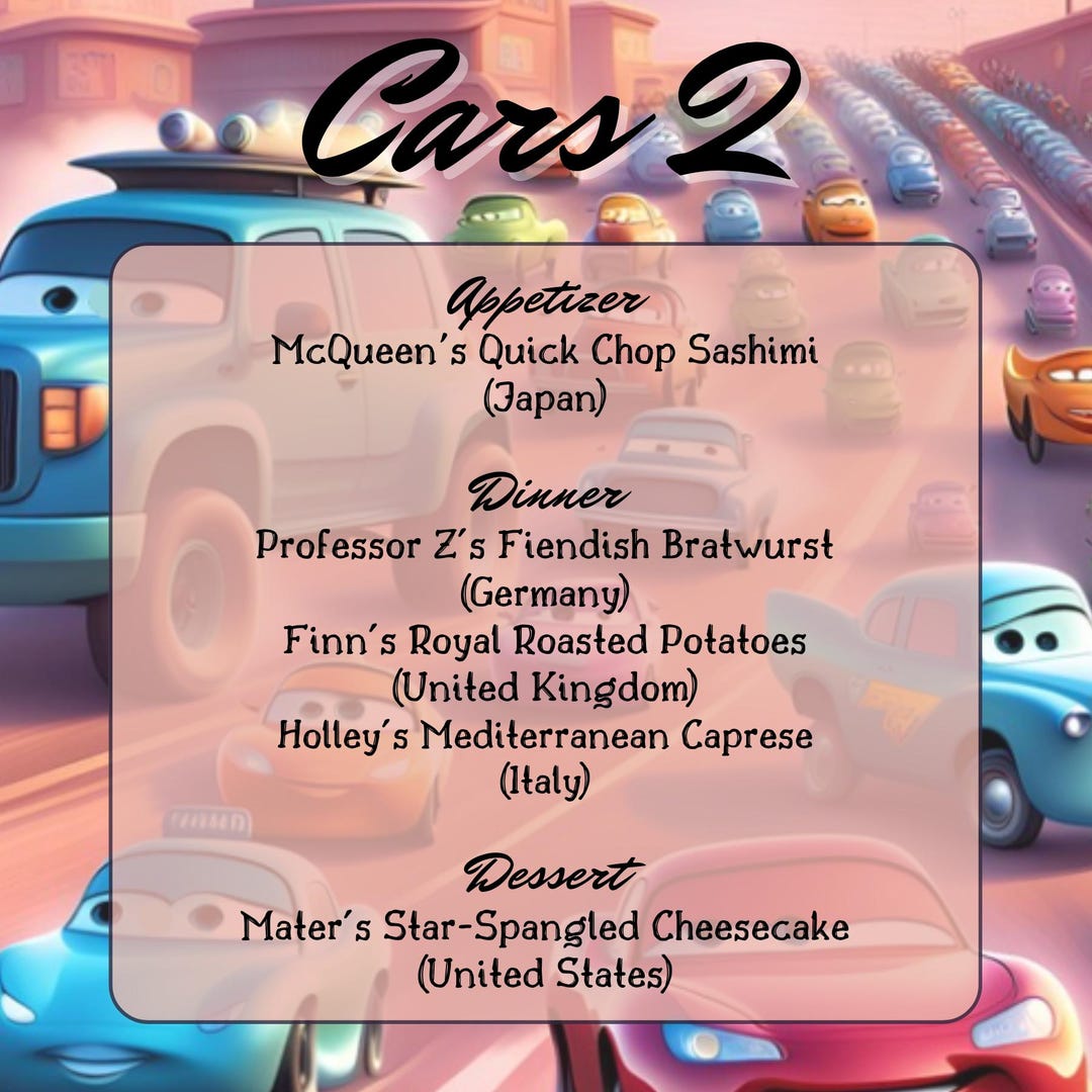 Cars 2 THEMED Dinner and Cocktail Menus (includes Grocery List, Cooking Plans, Meal Prep Plans ...