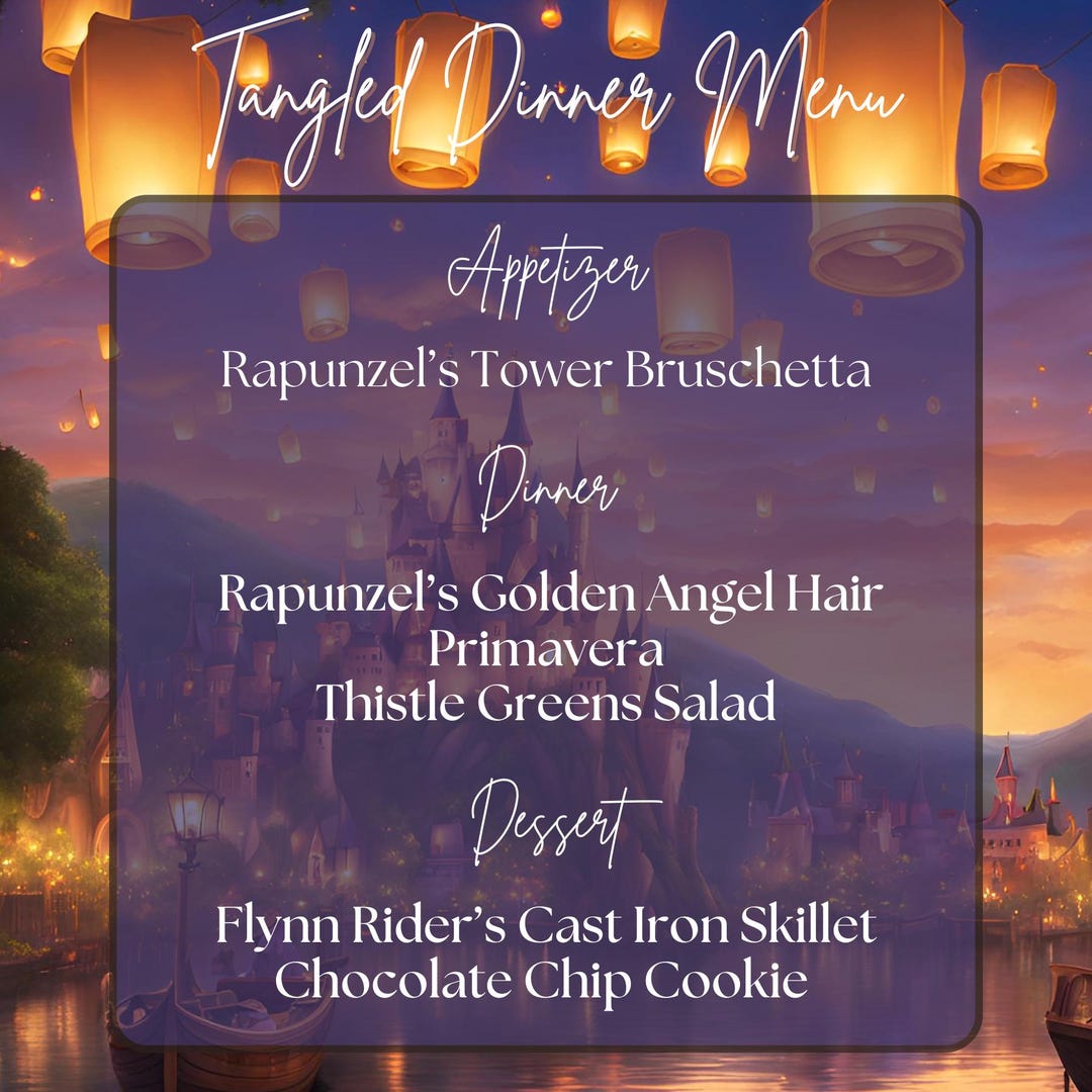 Tangled Movie Night EDITABLE Dinner and Drinks Menus: Recipes & Grocery ...