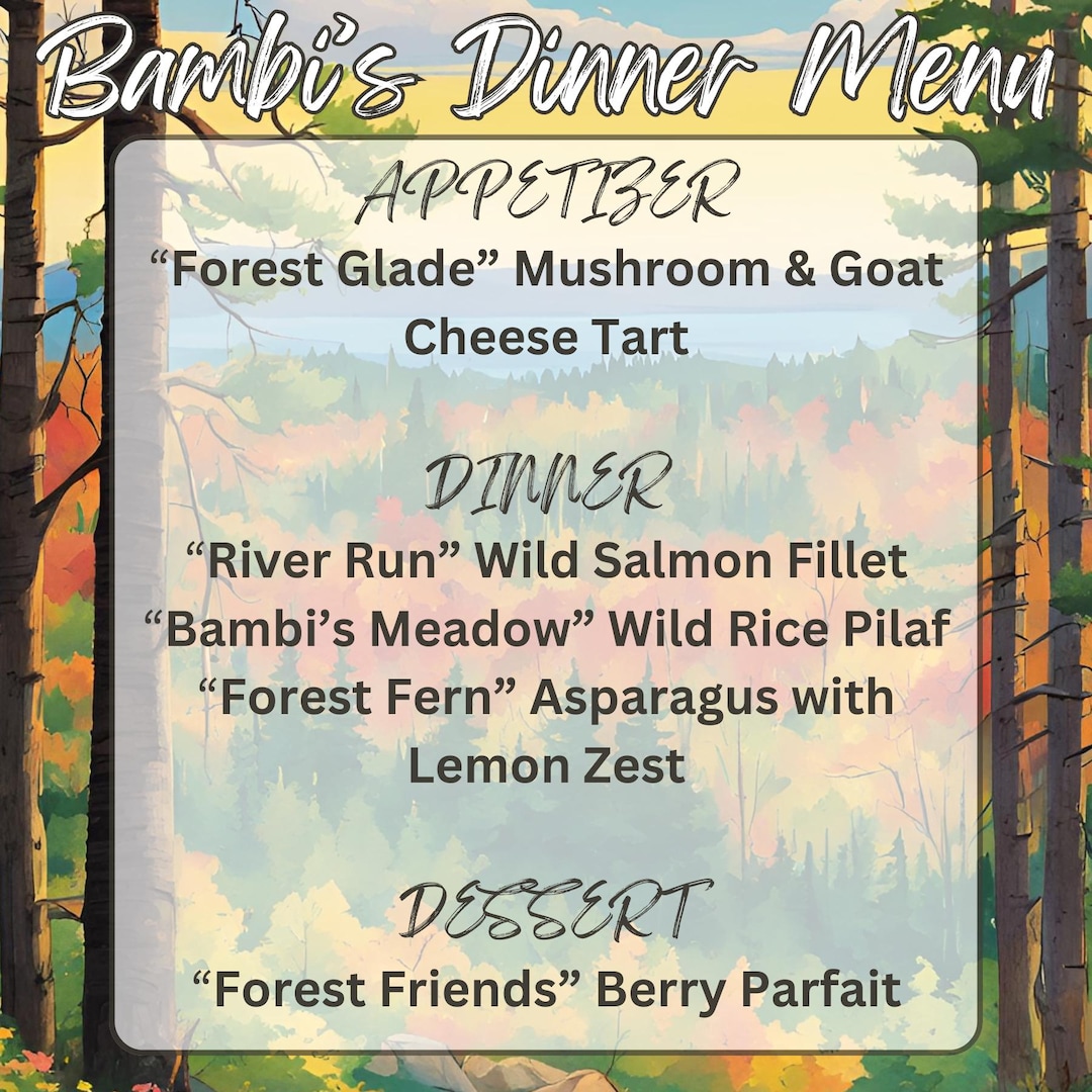 Bambi Themed Dinner & Drink EDITABLE Menus: Meal Prep Plans - Etsy