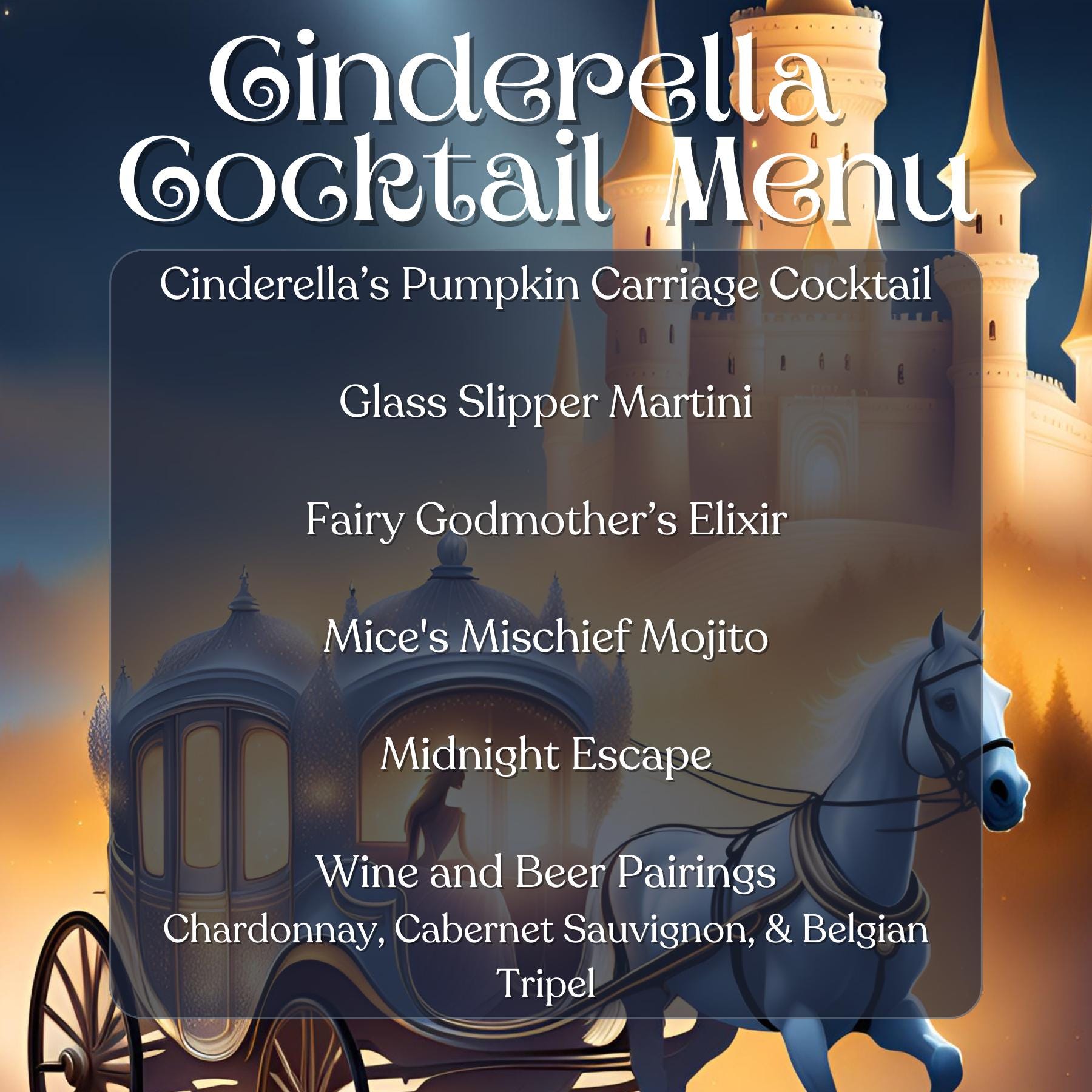 Cinderella THEMED Dinner and Cocktail Menus (includes Grocery List ...