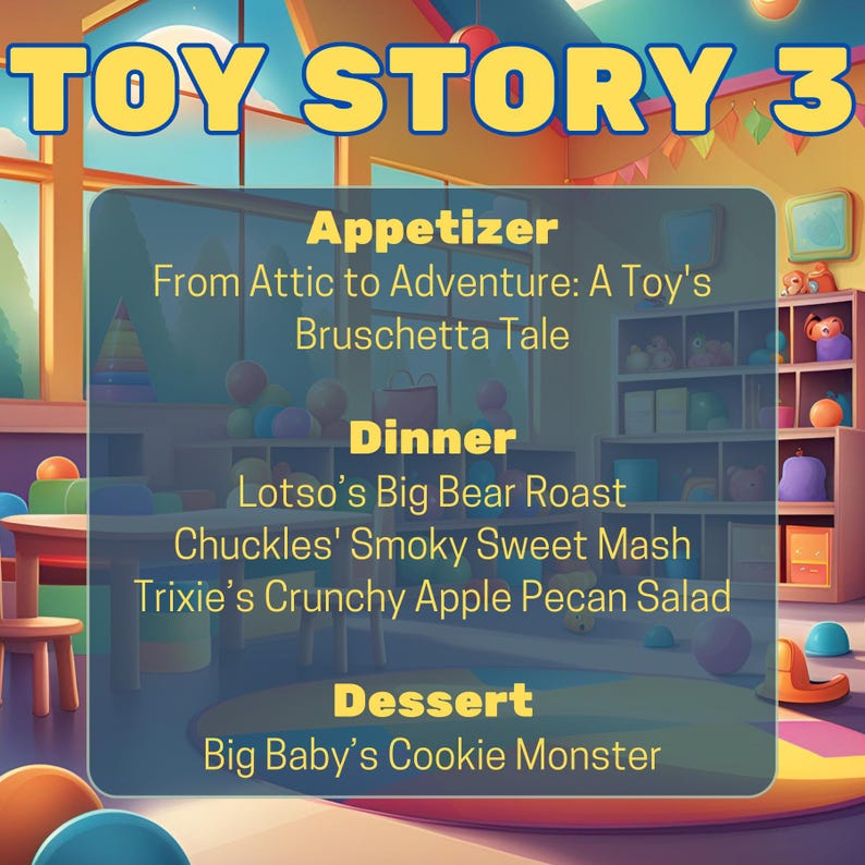 Toy Story 3 Themed Dinner & Cocktail Menu With Grocery List (digital ...