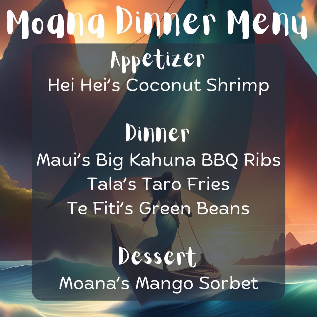Moana THEMED Dinner and Cocktail Menus includes Grocery List, Cooking ...