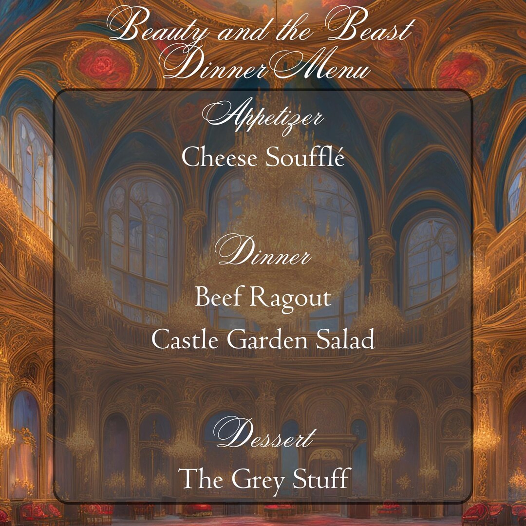 Beauty and the Beast THEMED Dinner and Cocktail Menus includes Grocery ...