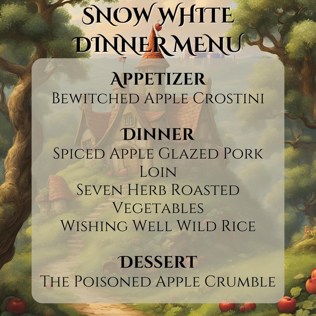 Snow White THEMED Dinner and Cocktail Menus (includes Grocery List ...