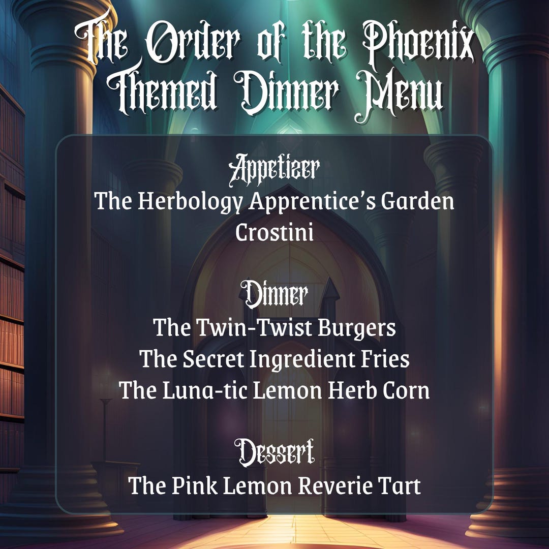 Order of the Phoenix Themed Dinner and Drink EDITABLE Menus: Recipes ...