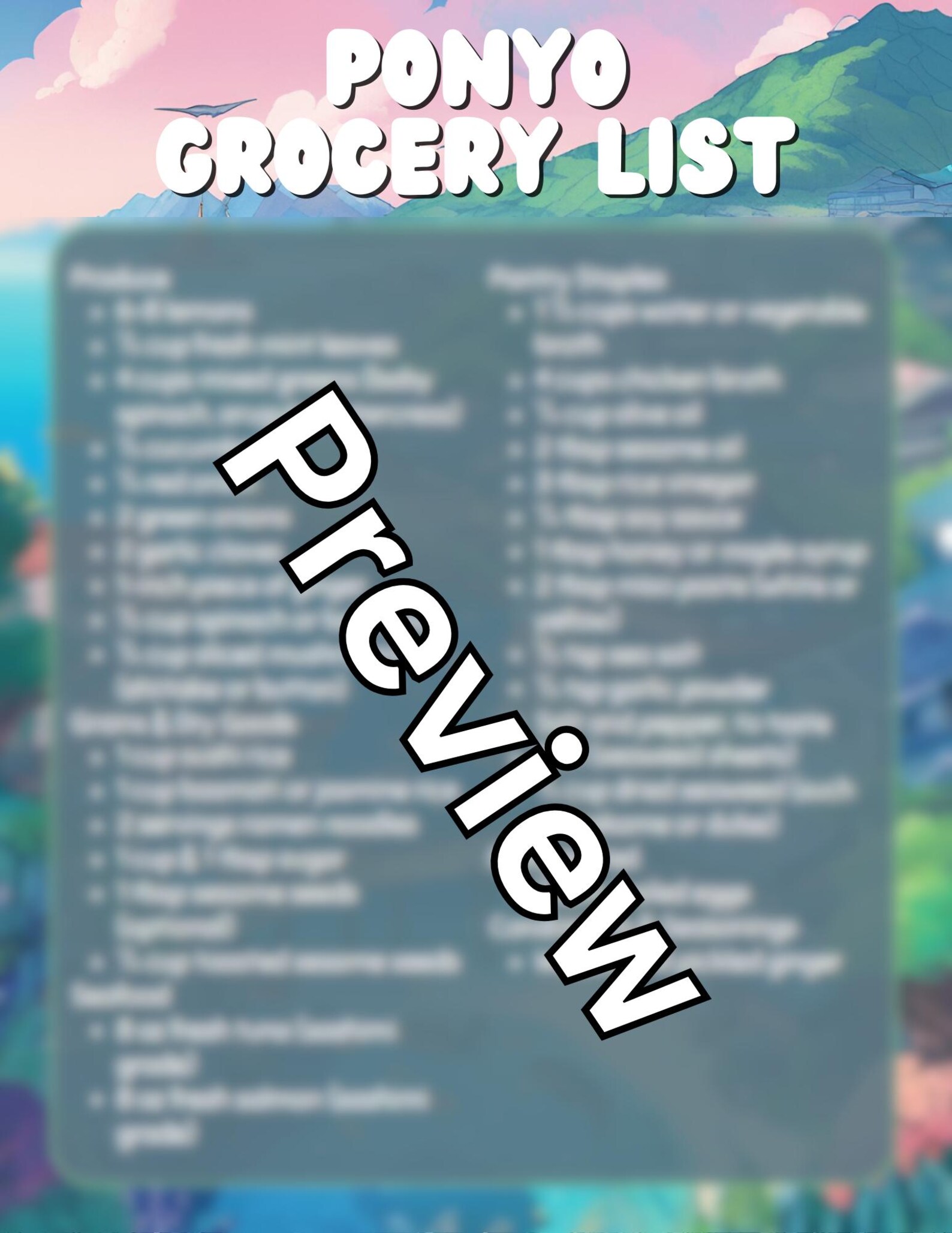 Ponyo THEMED Dinner and Cocktail Menus (includes Grocery List, Cooking Plans, Meal Prep Plans ...