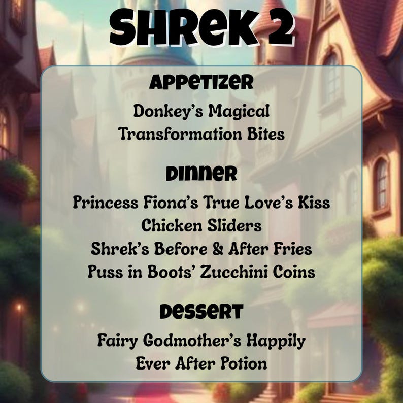 Shrek 2 Dinner Menu, Editable Canva Template (grocery List & Cocktail ...