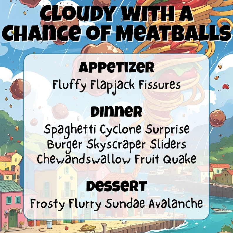 Cloudy With a Chance of Meatballs Dinner Menu, Cocktail Recipes ...