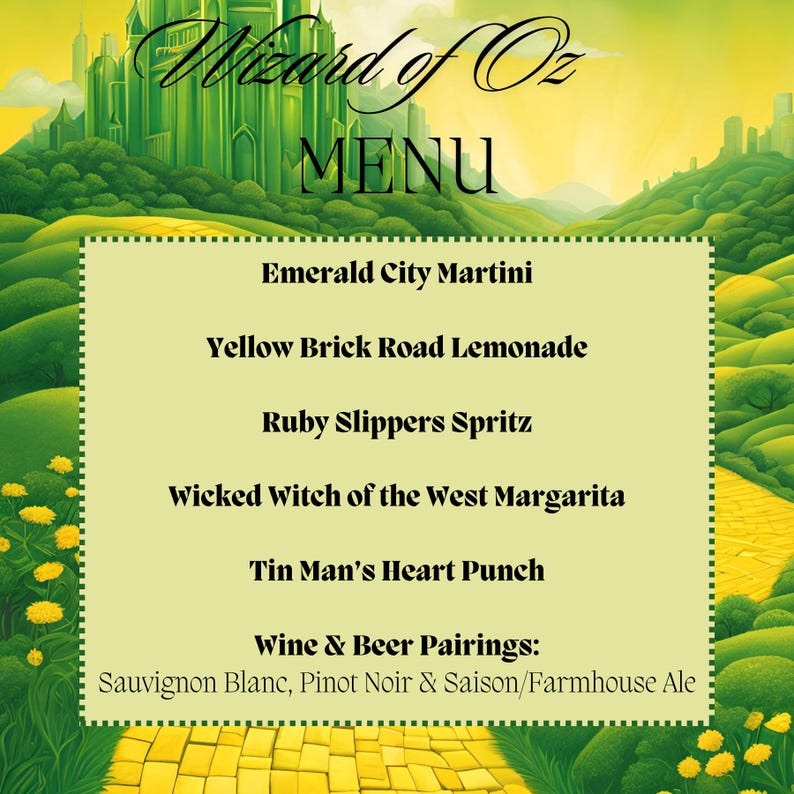 Wizard of Oz Dinner & Cocktail Menu Kit: Recipes, Grocery List - Etsy