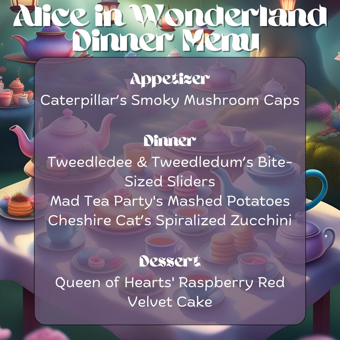 Alice in Wonderland THEMED Dinner and Cocktail Menus (includes Grocery ...