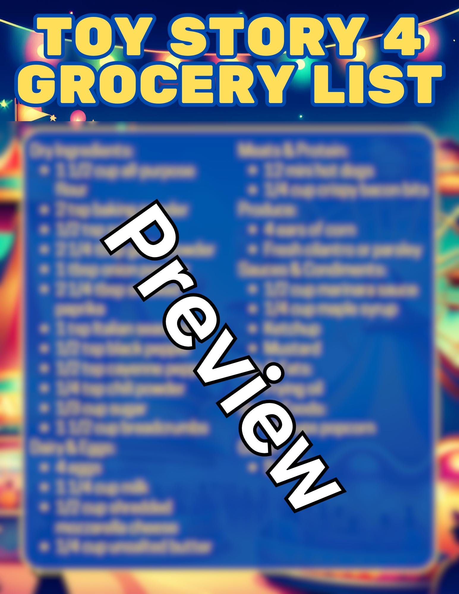 Toy Story 4 Dinner and Cocktail Menus includes Grocery List, Cooking ...