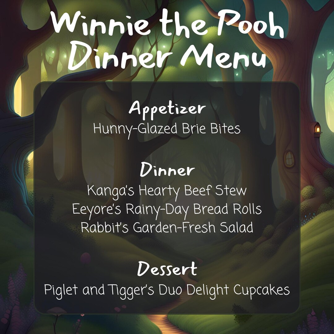 Winnie the Pooh EDITABLE Dinner & Drink Menu: Recipes, Grocery List ...