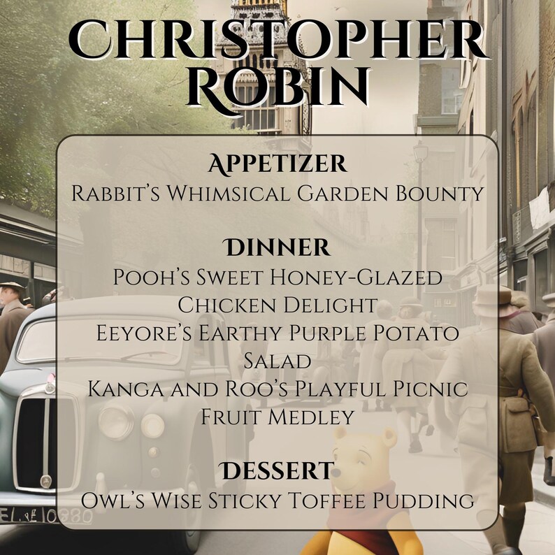 Christopher Robin Live-action THEMED Dinner & Cocktail Menus (includes Grocery List, Cooking ...