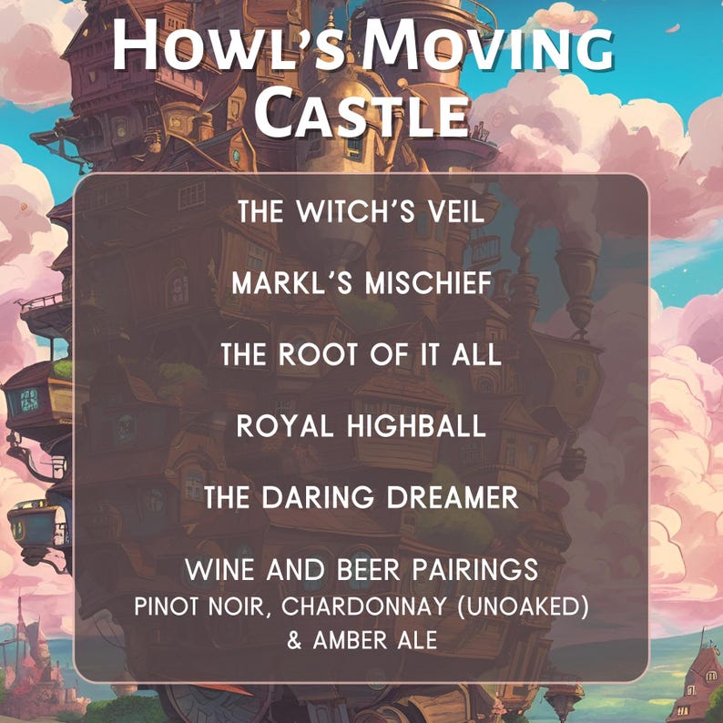 Howl's Moving Castle THEMED Dinner and Cocktail Menus (includes Grocery ...