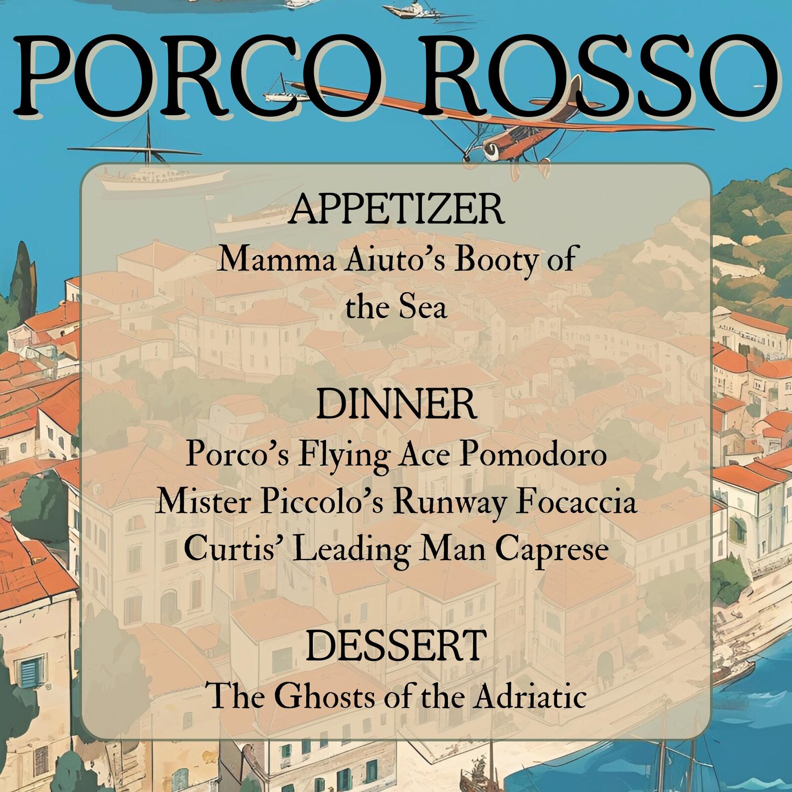 Porco Rosso THEMED Dinner and Cocktail Menus (includes Grocery List ...