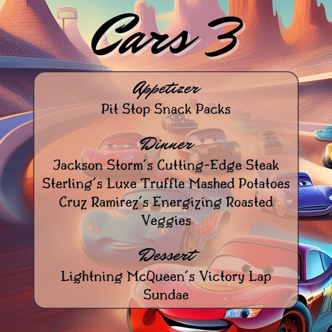 Cars 3 THEMED Dinner and Cocktail Menus (includes Grocery List, Cooking ...