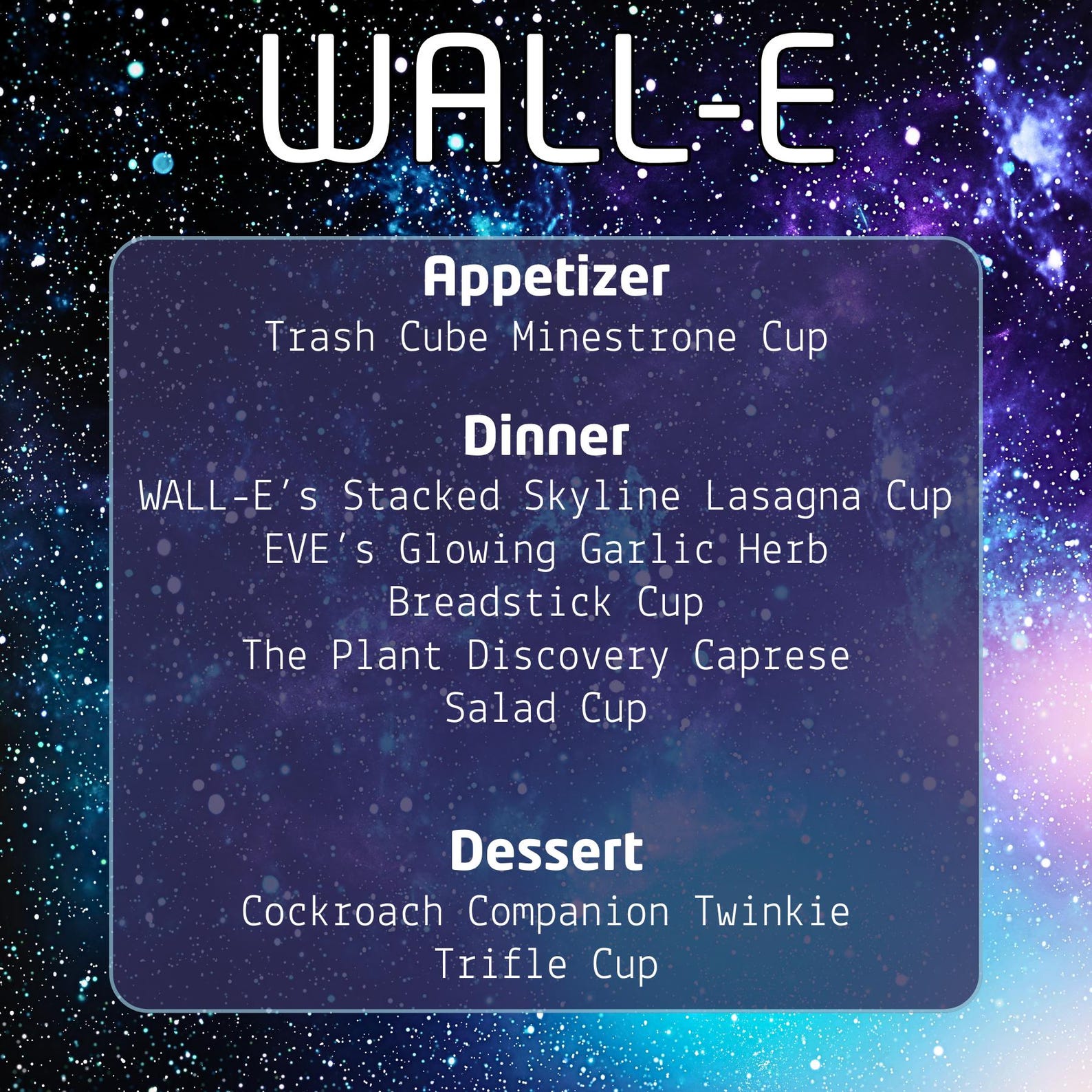 WALL-E THEMED Dinner and Cocktail Menus (includes Grocery List, Cooking ...