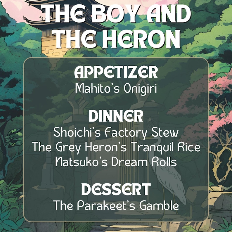 The Boy and the Heron THEMED Dinner and Cocktail Menus (includes ...