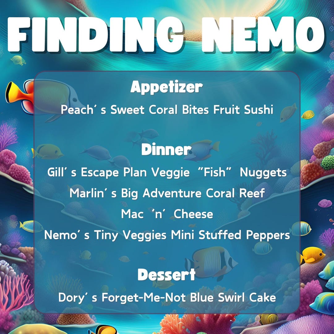 Finding Nemo THEMED Dinner and Cocktail Menus includes Grocery List ...