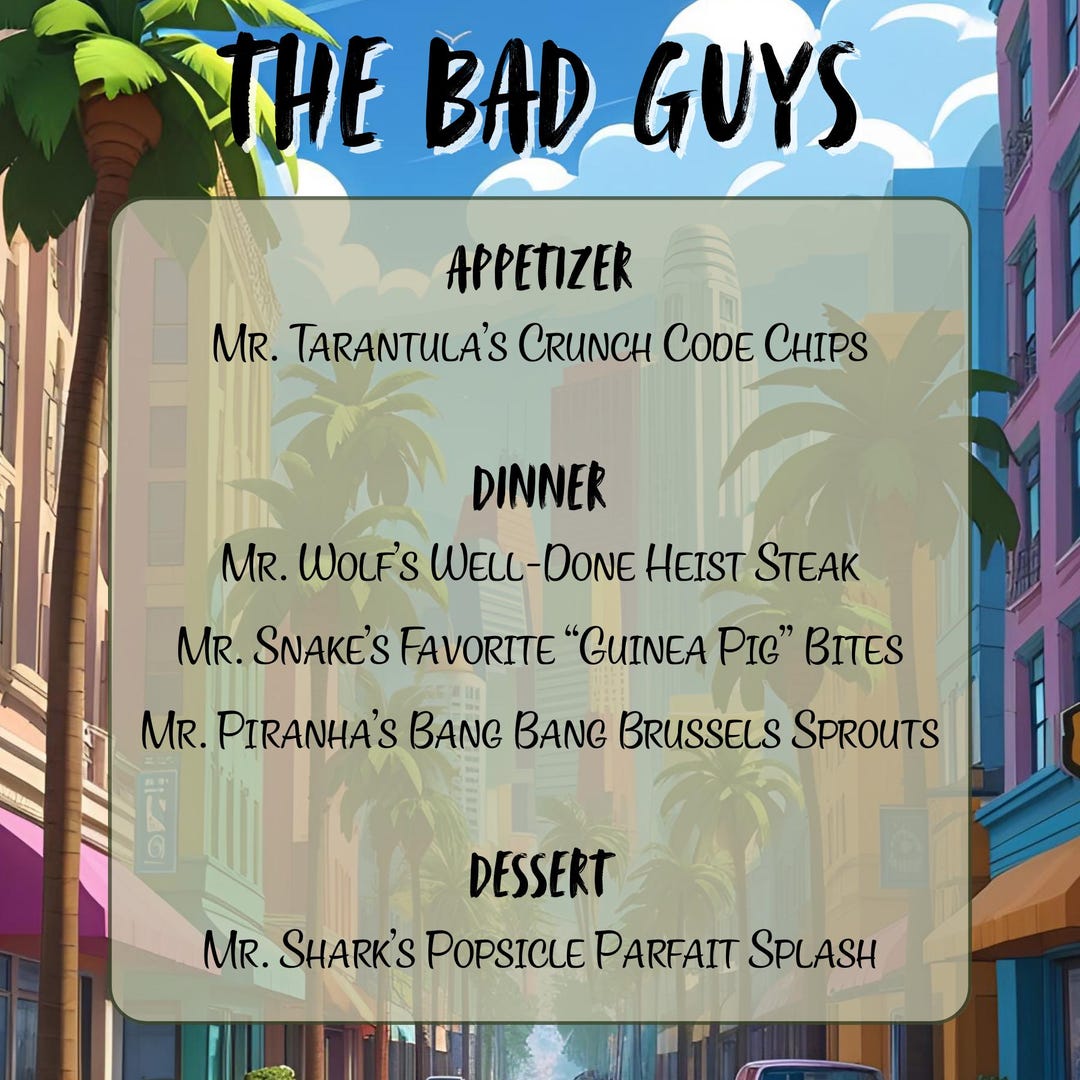 The Bad Guys EDITABLE Movie Night Dinner & Drink Menus - Etsy