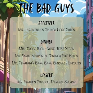 The Bad Guys EDITABLE Movie Night Dinner & Drink Menus - Etsy