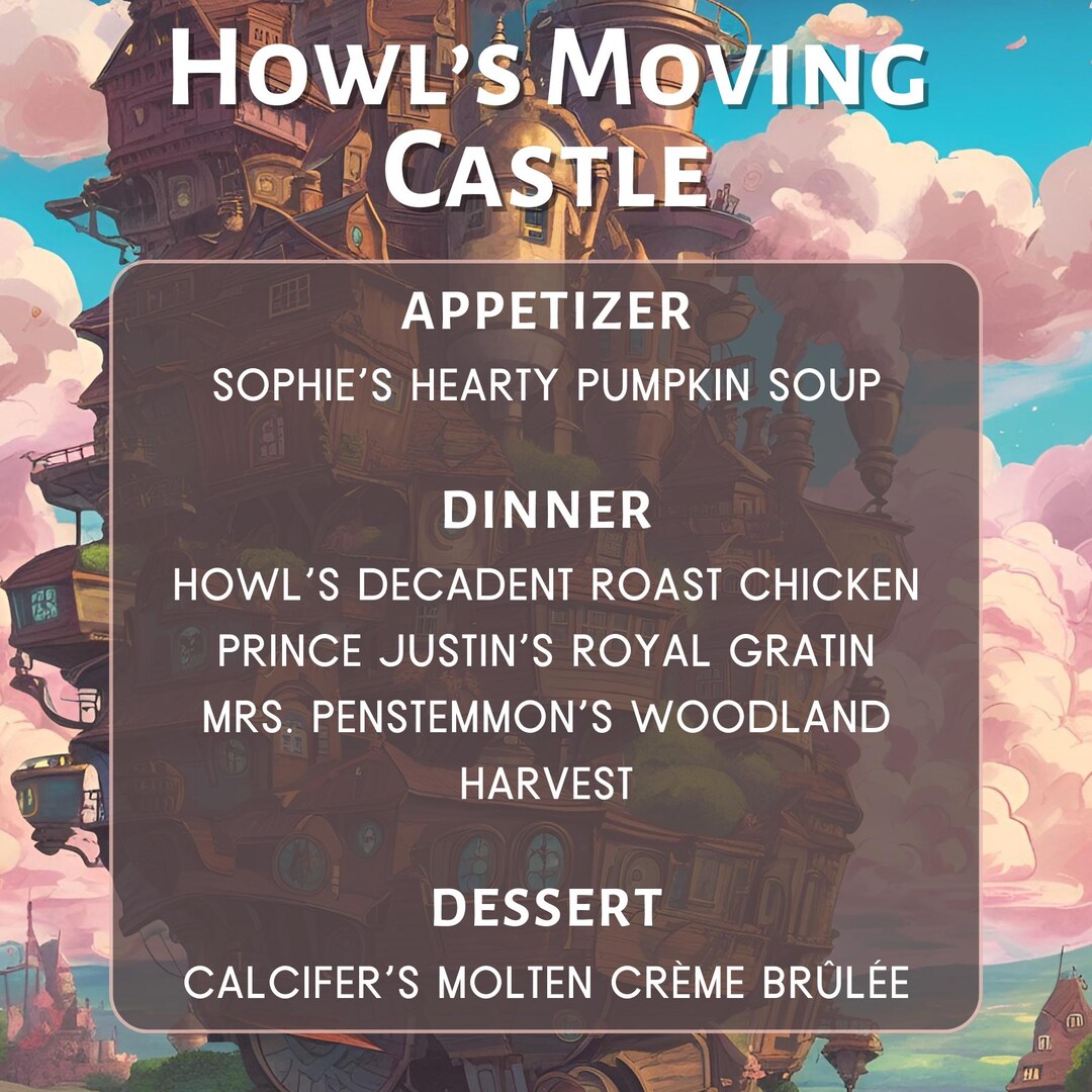 Howl's Moving Castle THEMED Dinner and Cocktail Menus (includes Grocery ...