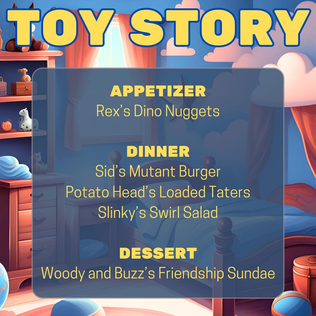 Toy Story THEMED Dinner and Cocktail Menus (includes Grocery List ...