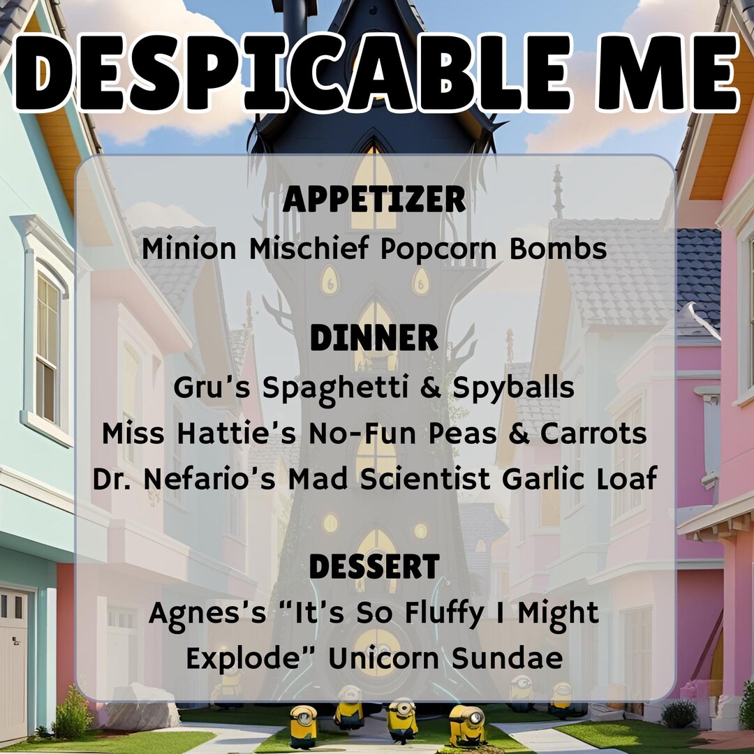 Despicable Me Dinner Menu, Grocery List, Meal Prep (editable Canva ...