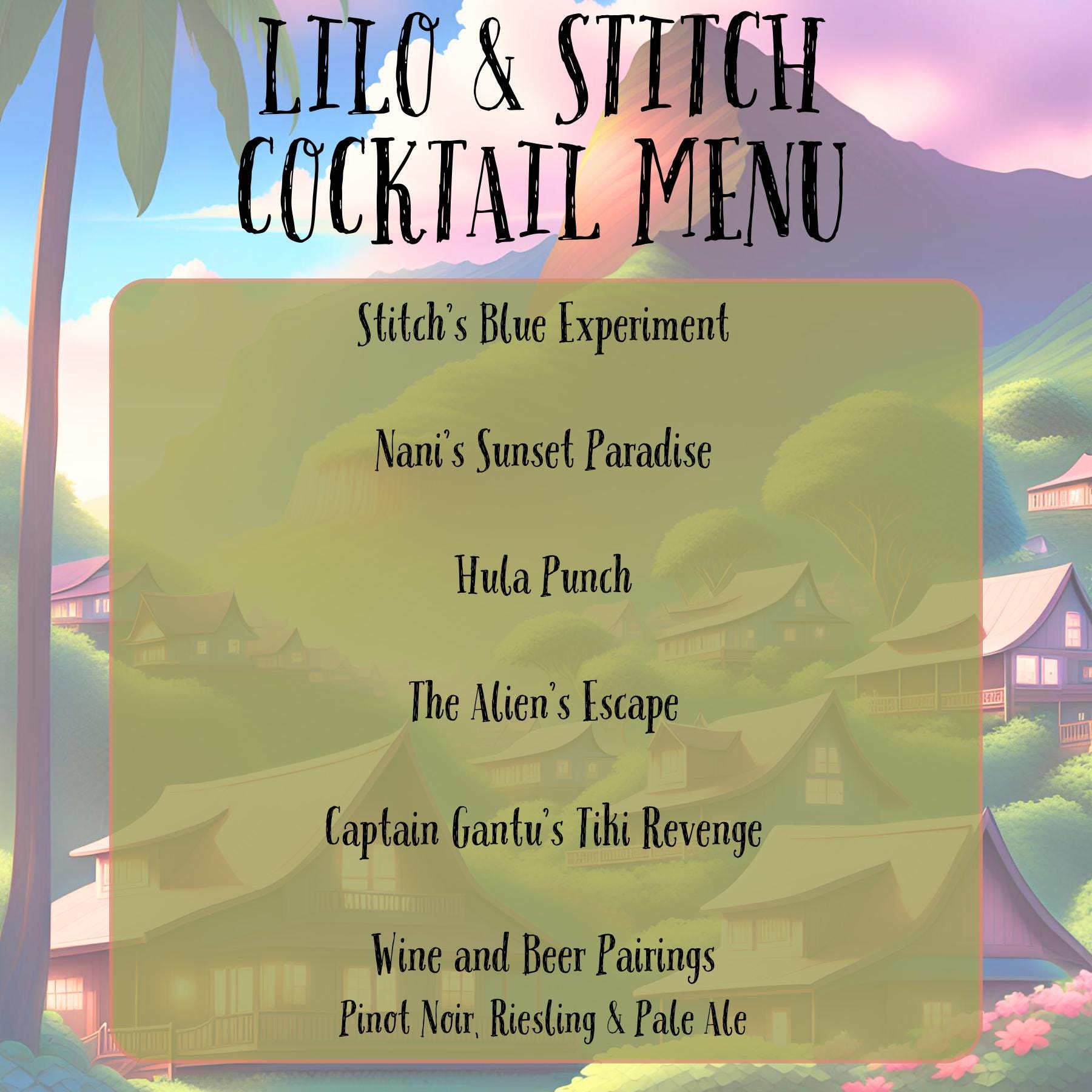 Lilo and Stitch THEMED Dinner and Cocktail Menus (includes Grocery List ...