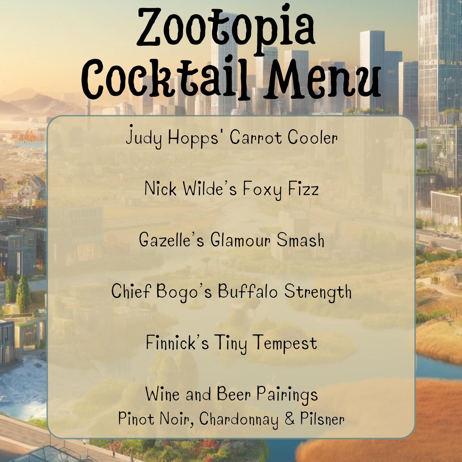 Zootopia EDITABLE Dinner & Drink Menu With Grocery List - Etsy