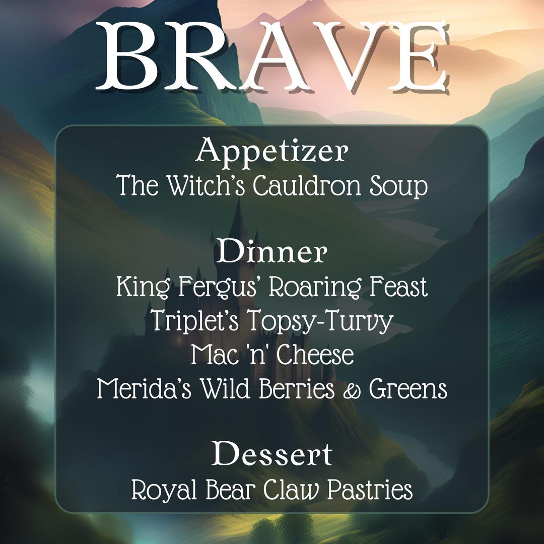Brave Movie Night Dinner & Drink EDITABLE Menu: Recipes, Grocery List ...