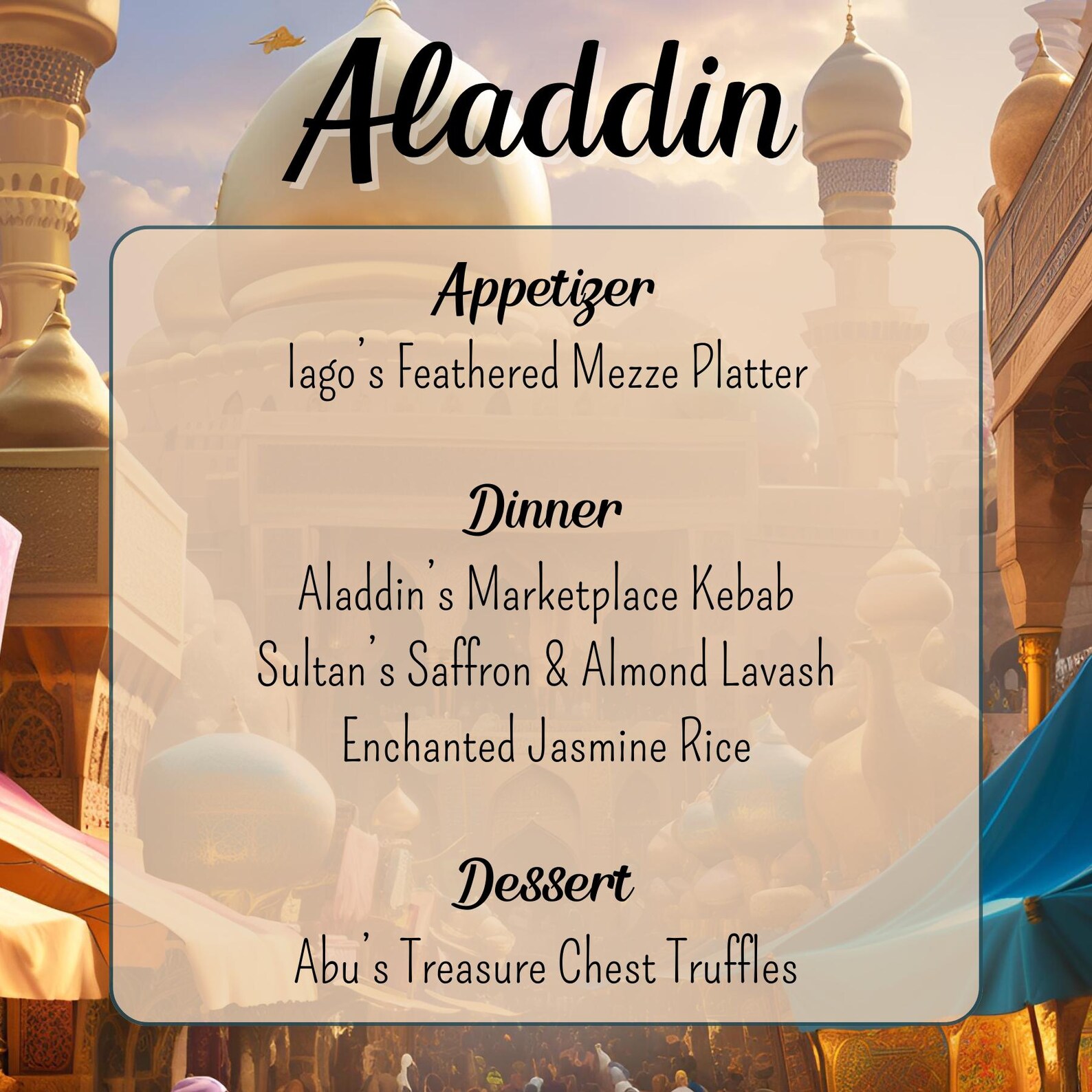 Aladdin THEMED Dinner and Cocktail Menus (includes Grocery List ...