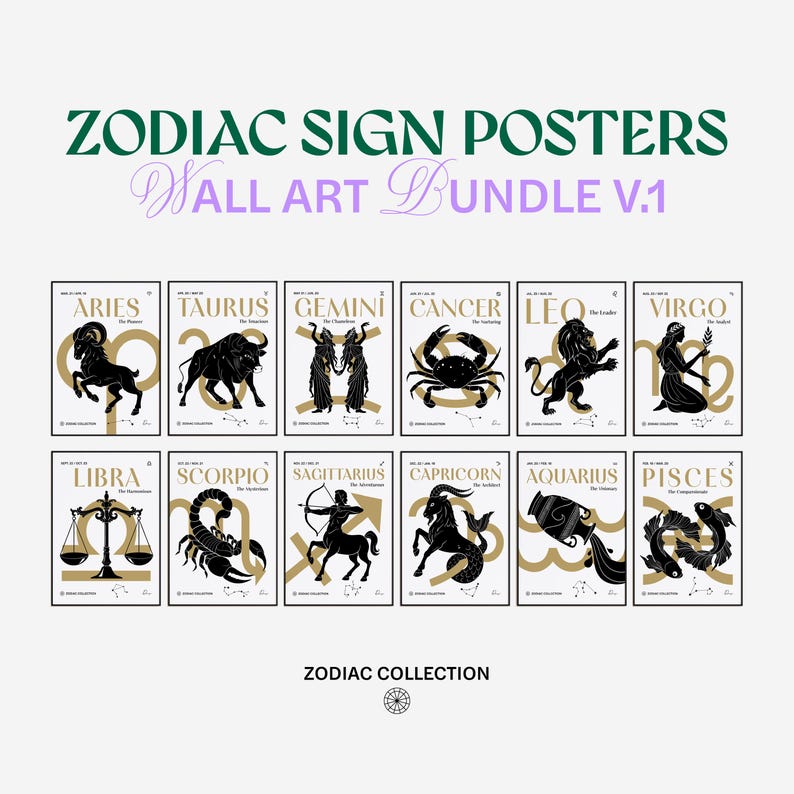 Zodiac Sign Poster Bundle | Digital Zodiac Sign Wall Art | Printable ...