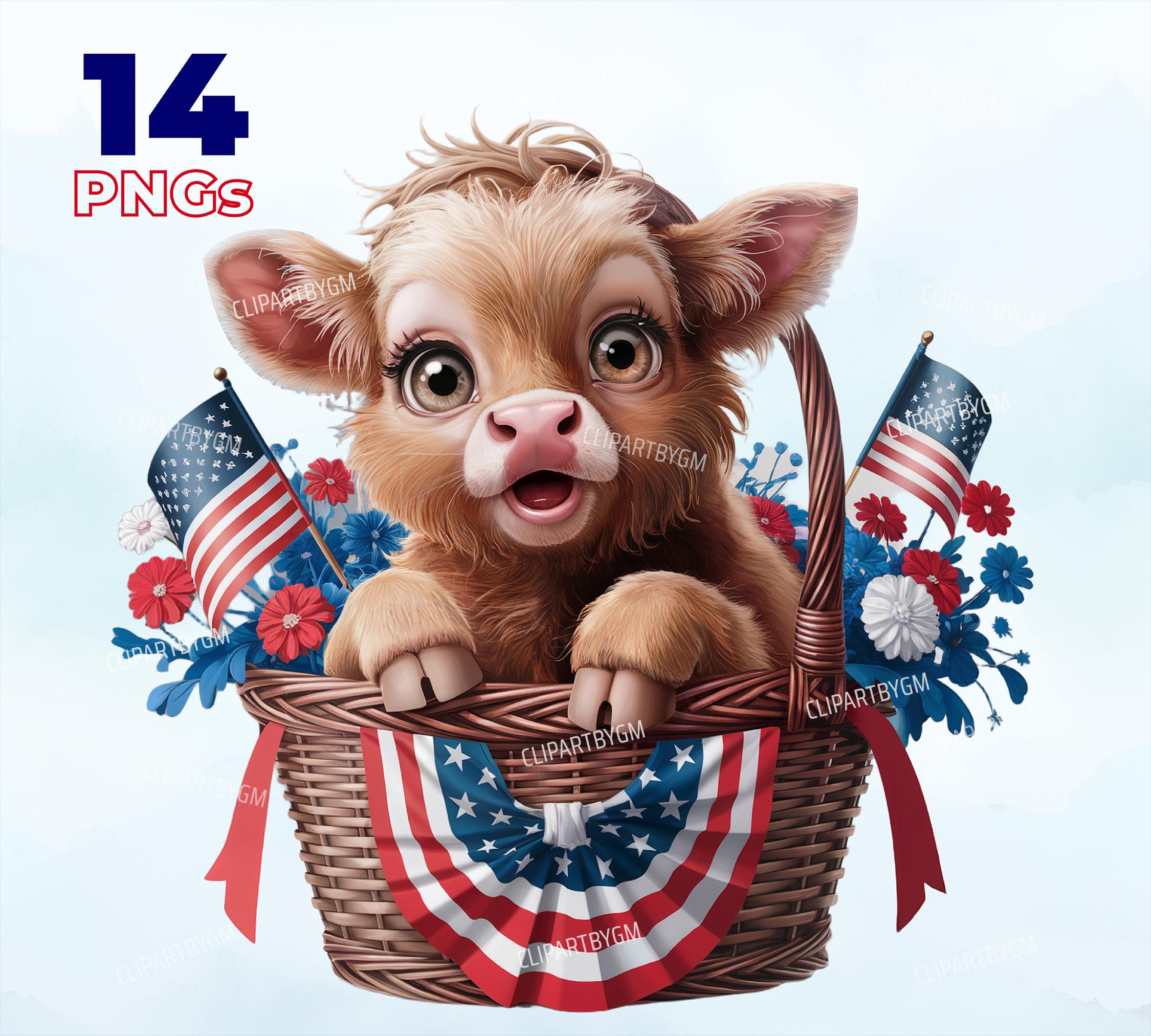 4th of July Highland Cow PNG Bundle, Watercolor Patriotic Highland Cow ...