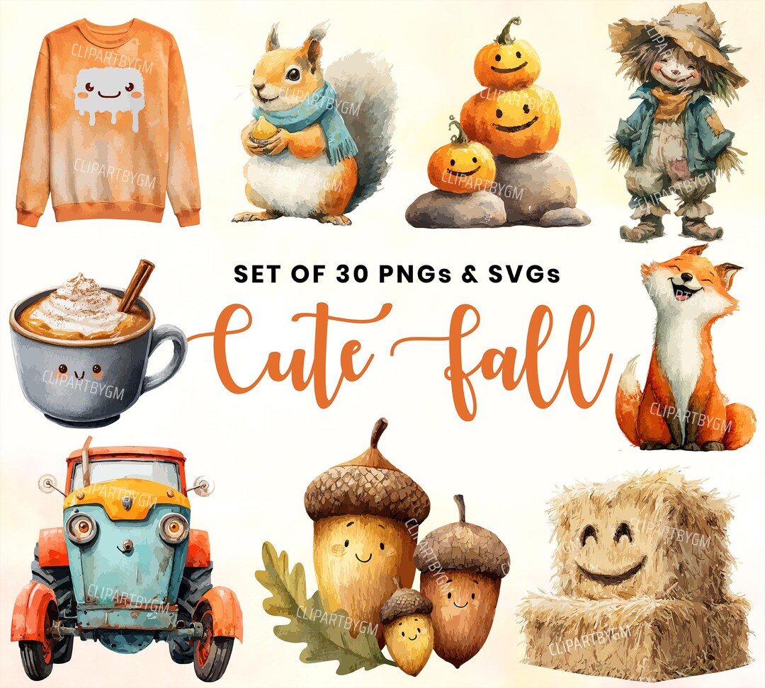 Cute Fall Clipart PNG, Kawaii Autumn Animals & Pumpkins, Thanksgiving ...