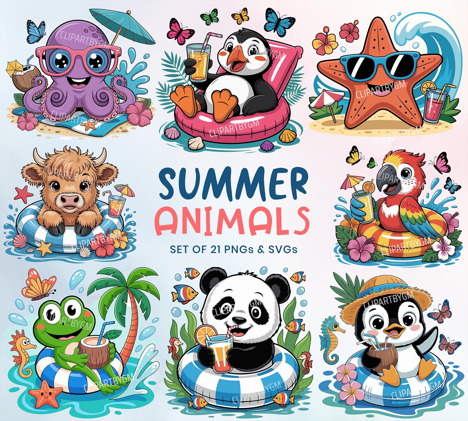 Summer Clipart PNG Bundle, Summer Animals Clipart, Summer PNG Design ...