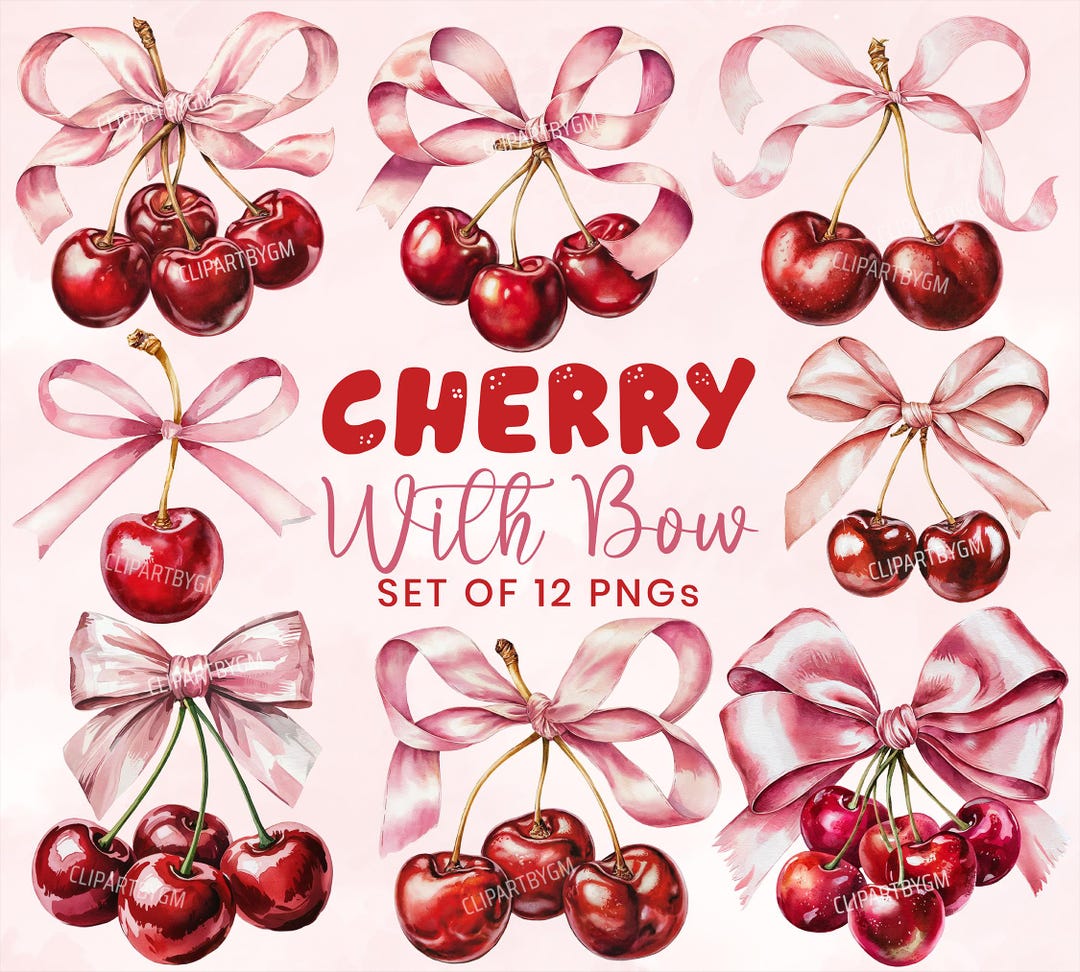Cherry With Bow PNG Bundle, Watercolor Cherry Clipart, Vintage Cherry ...